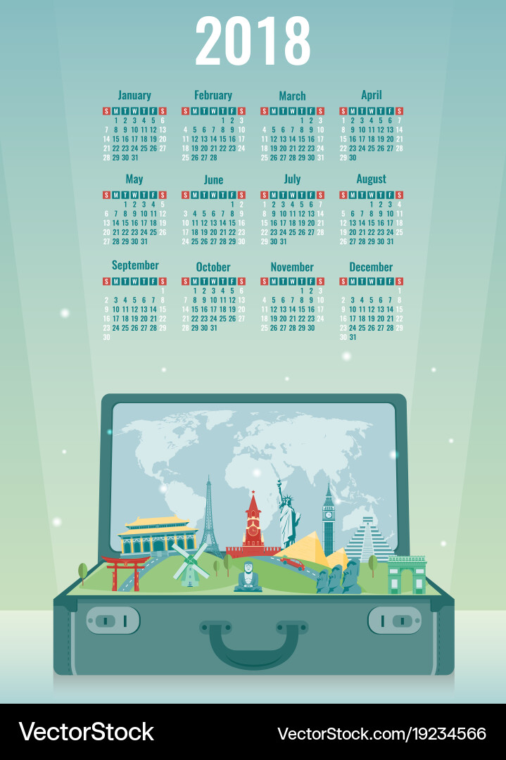 Calendar for 2018 with famous wolrd landmarks Vector Image