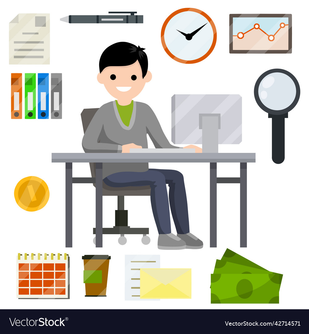 Man sit at desk with computer and typing Vector Image