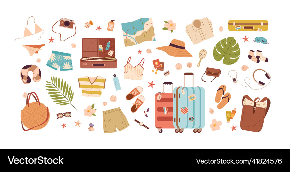 Beach stuff for summer travel set vacation Vector Image