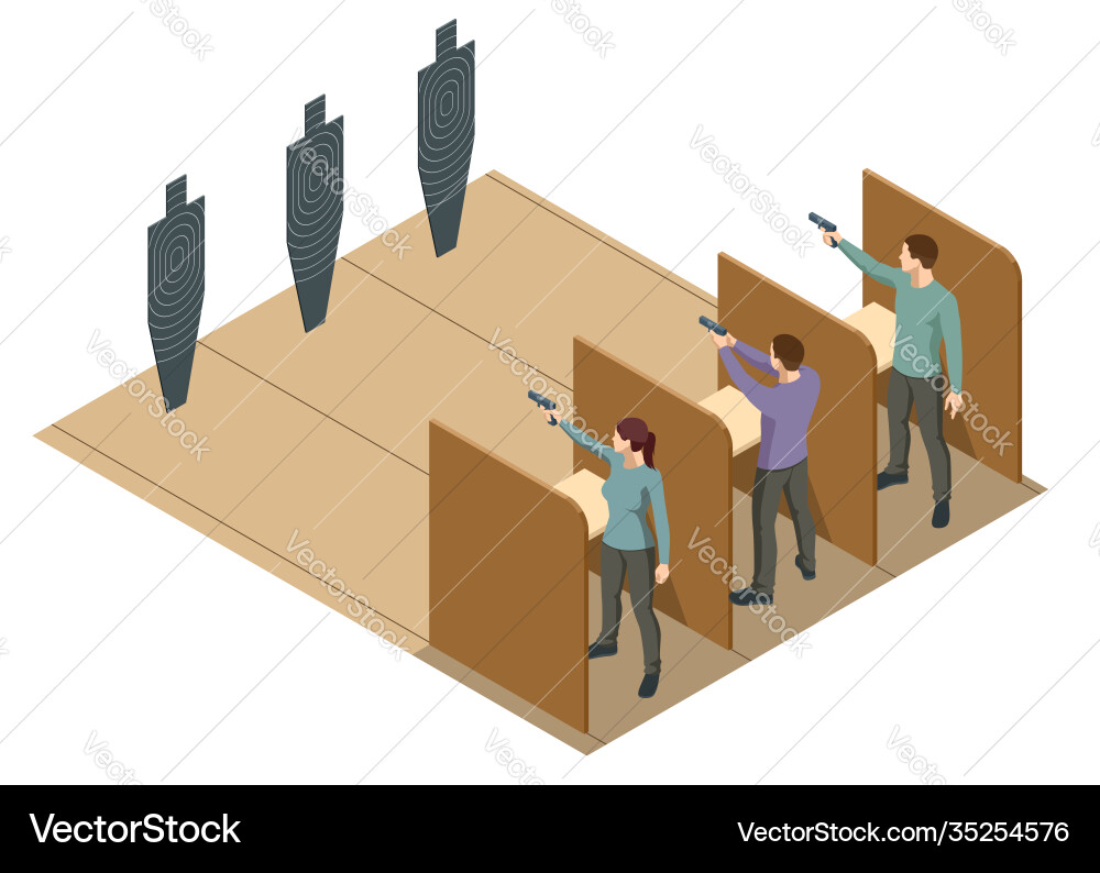 Isometric men aiming pistol at target in indoor Vector Image
