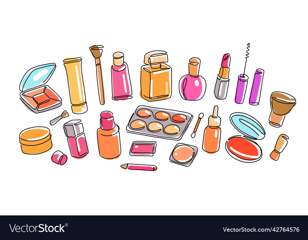 Makeup cosmetics set continuous line drawing Vector Image