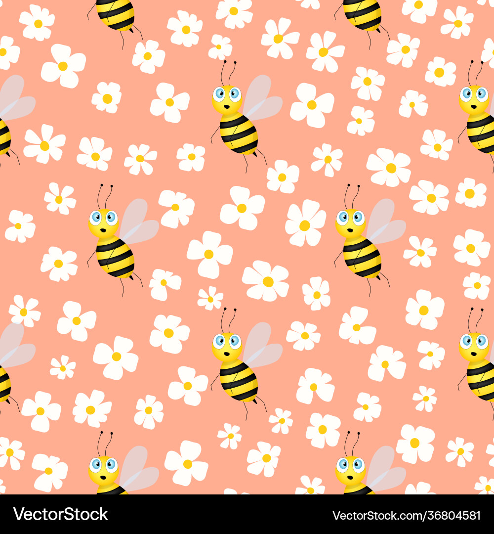 Seamless pattern with bees and flowers on color Vector Image