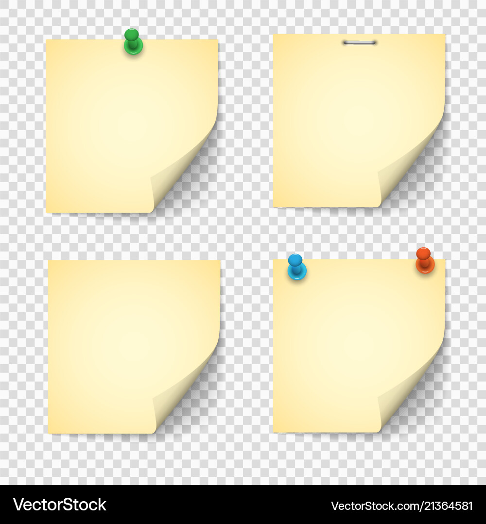Set of yellow paper notes with push pins Vector Image