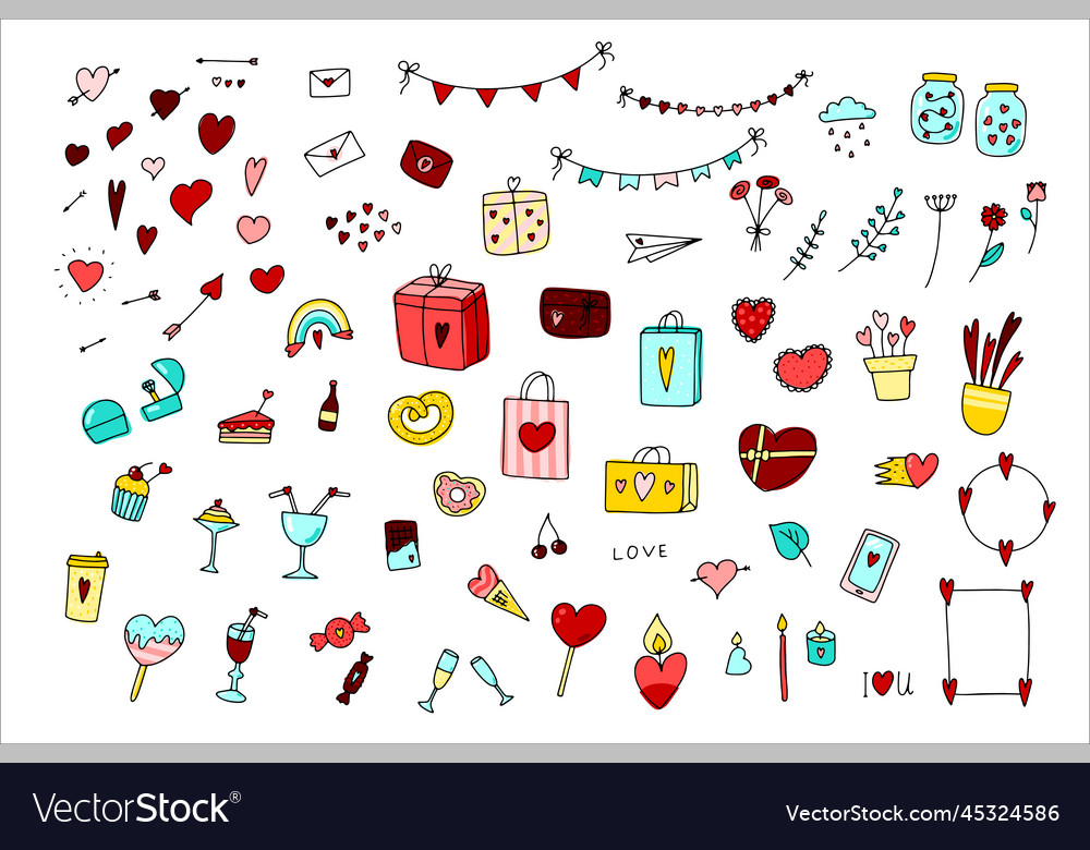 Doodle valentines day color set with hearts Vector Image