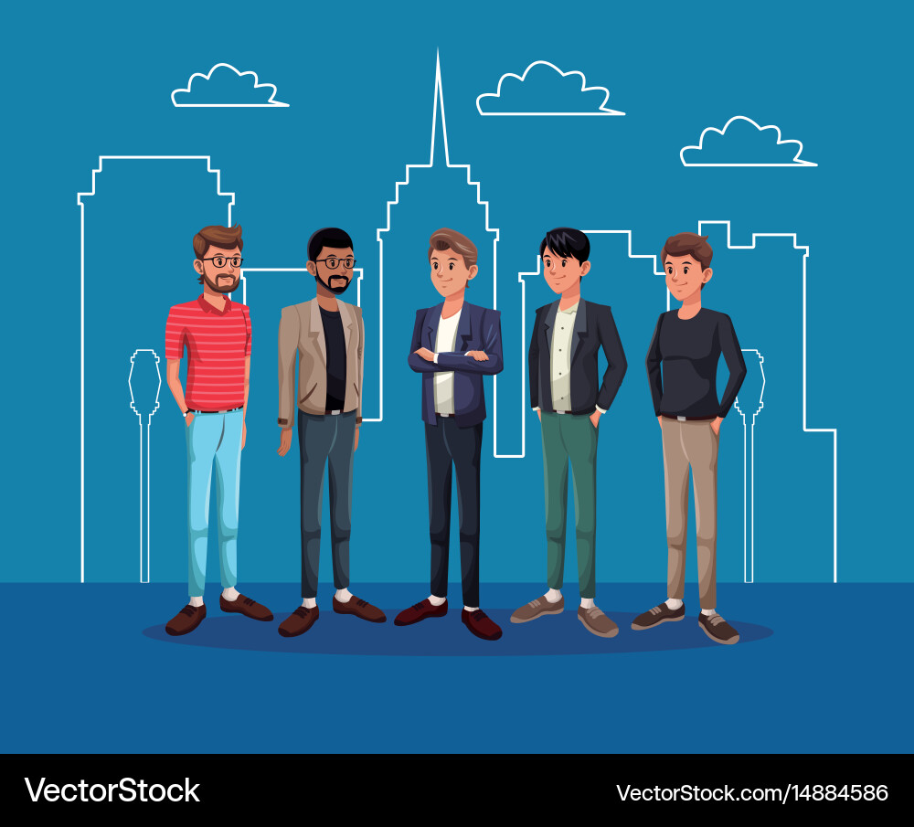 Group men people with city landscape Royalty Free Vector