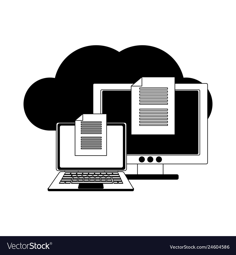 Laptop and computer with cloud computing in black Vector Image