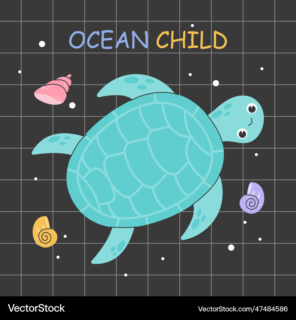 Poster with cute turtle and seashells Royalty Free Vector