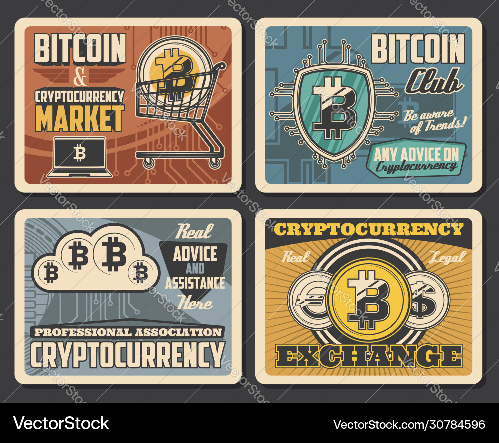 Bitcoin mining club cryptocurrency market posters Vector Image