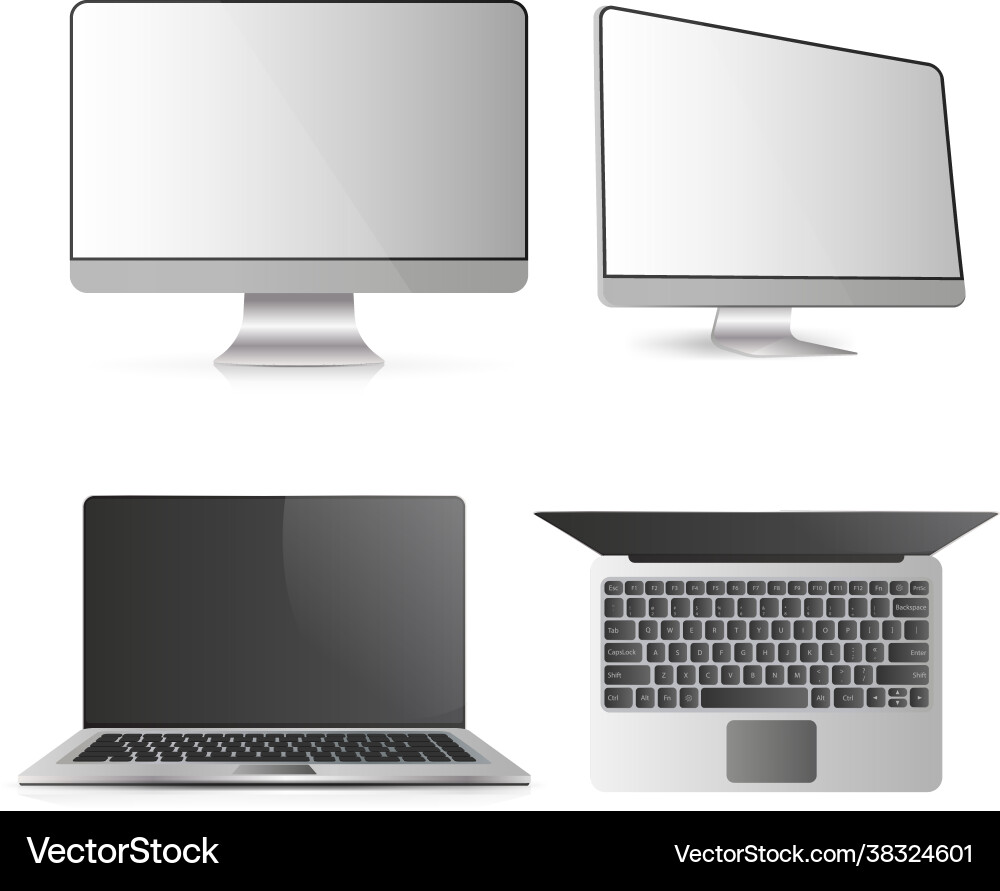 A set computers desktop pc open laptop Royalty Free Vector