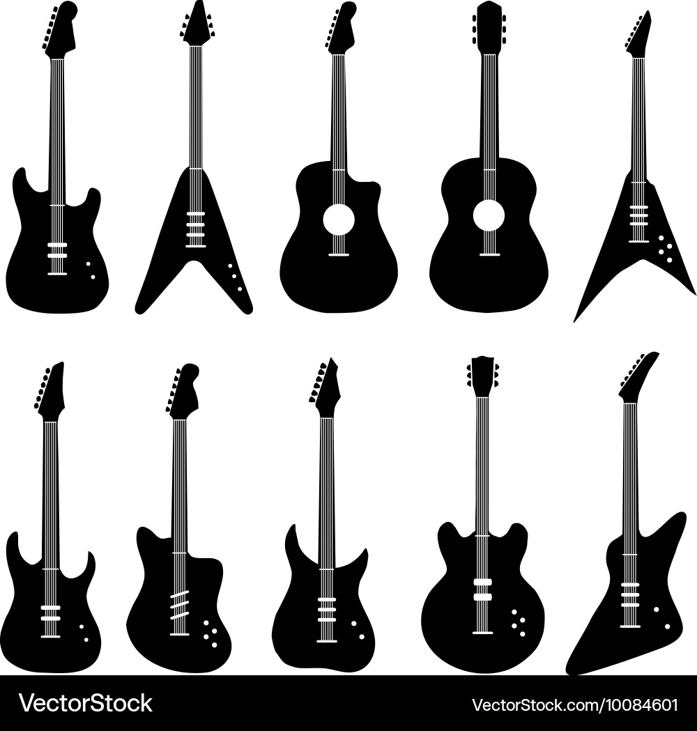 Big set acoustic and electric guitars Royalty Free Vector