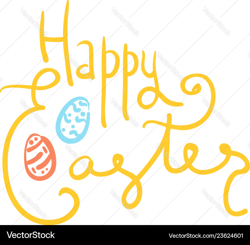 Doodle yellow happy easter text with color eggs Vector Image