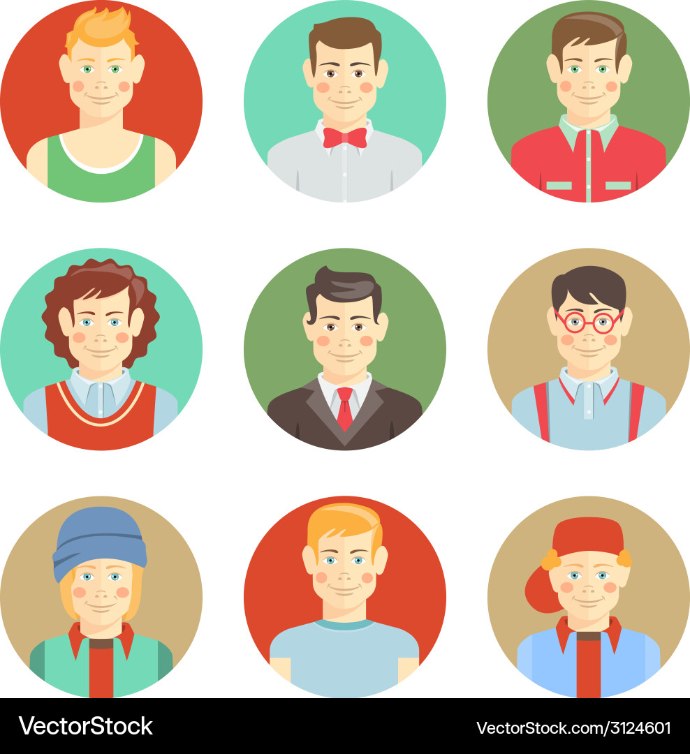 Set of boys avatar faces in flat style Royalty Free Vector