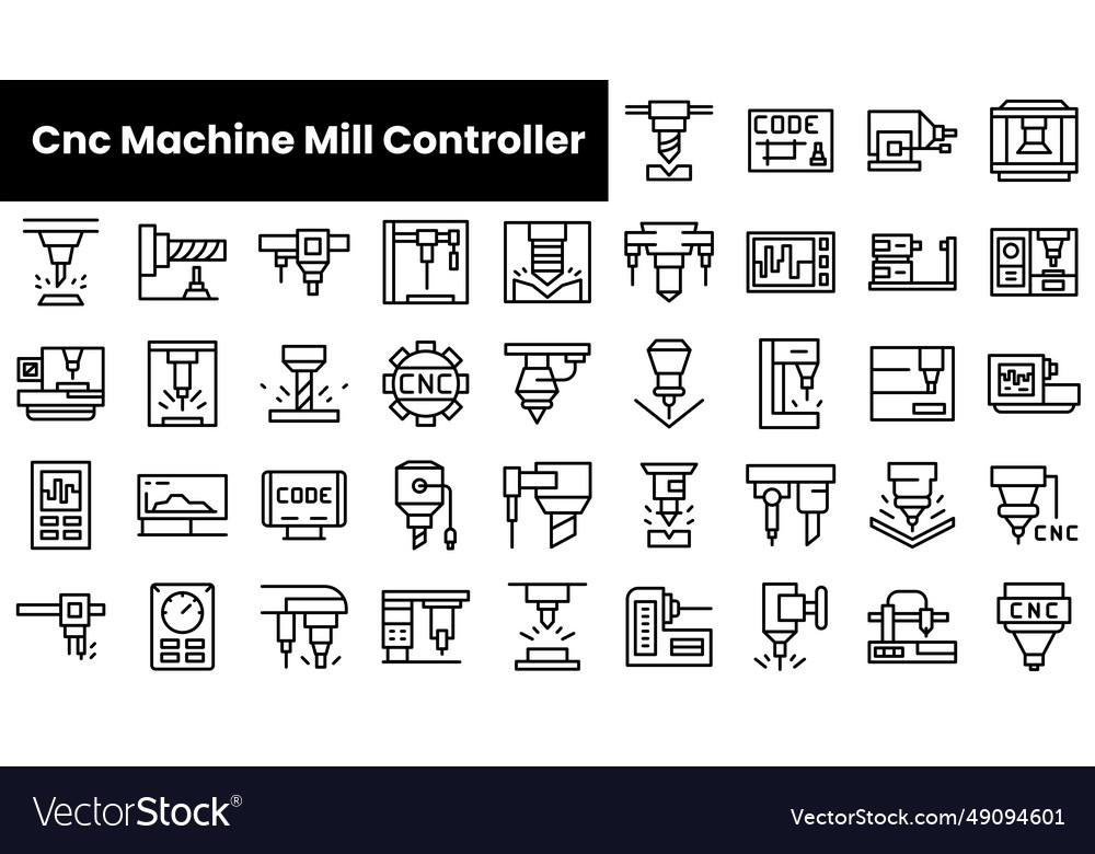 Set of outline cnc machine mill controller icons Vector Image
