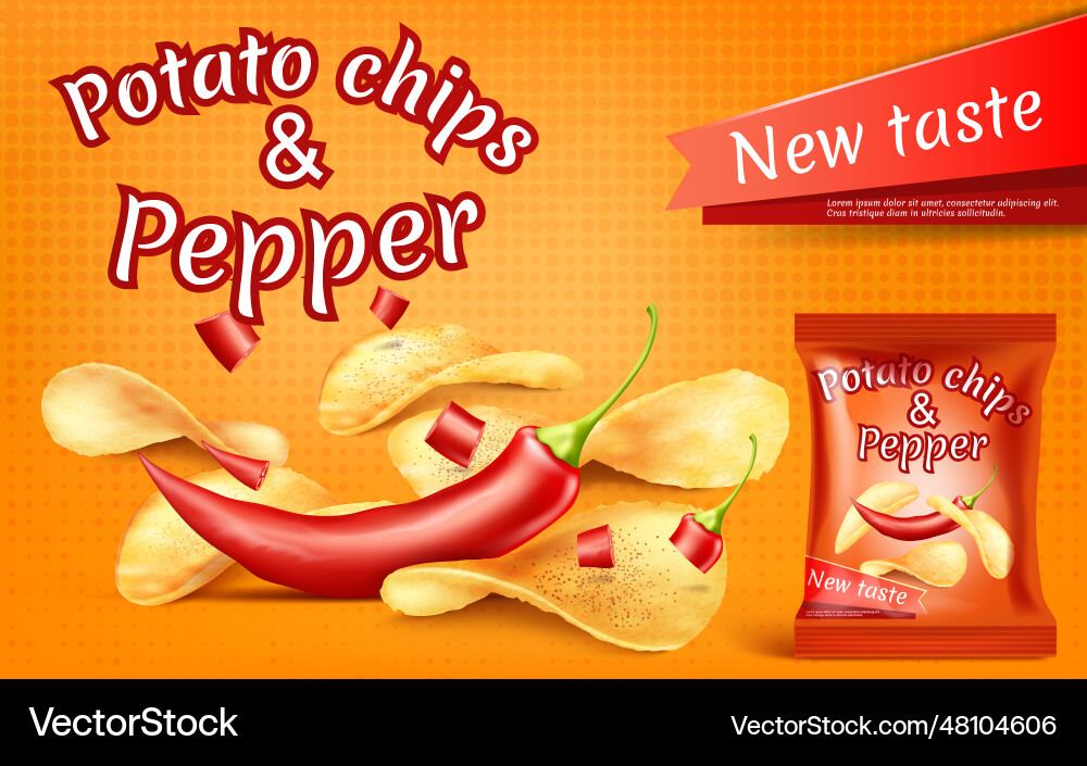 Banner with potato chips and chili pepper Vector Image