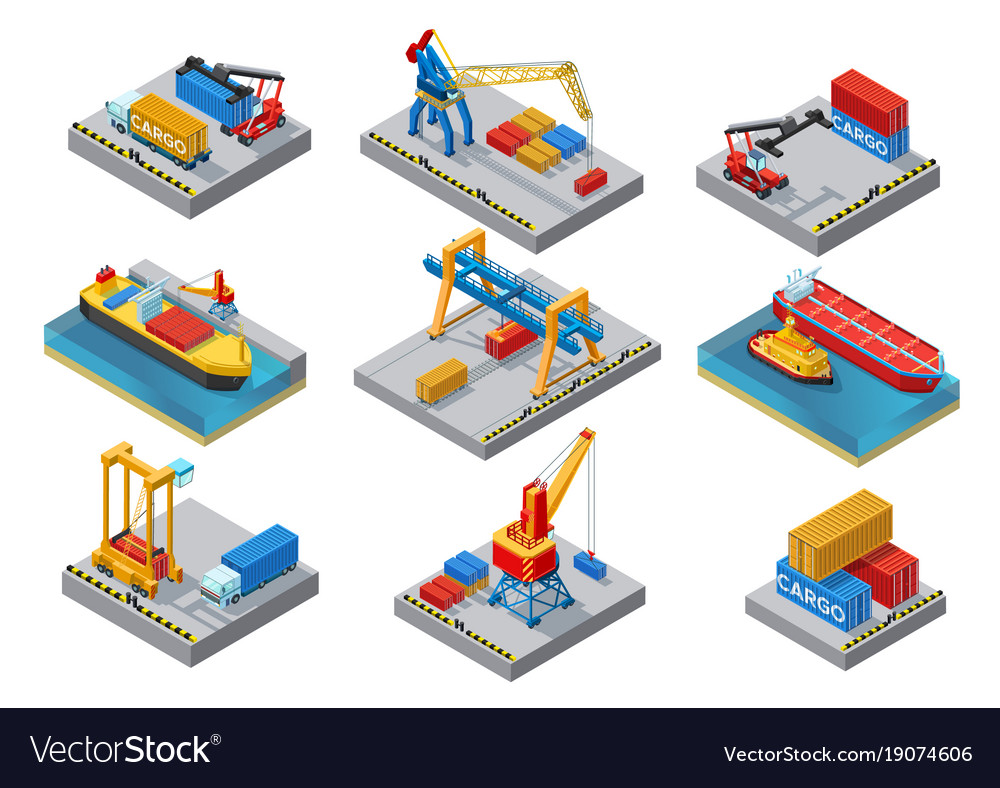 Isometric sea port elements set Royalty Free Vector Image