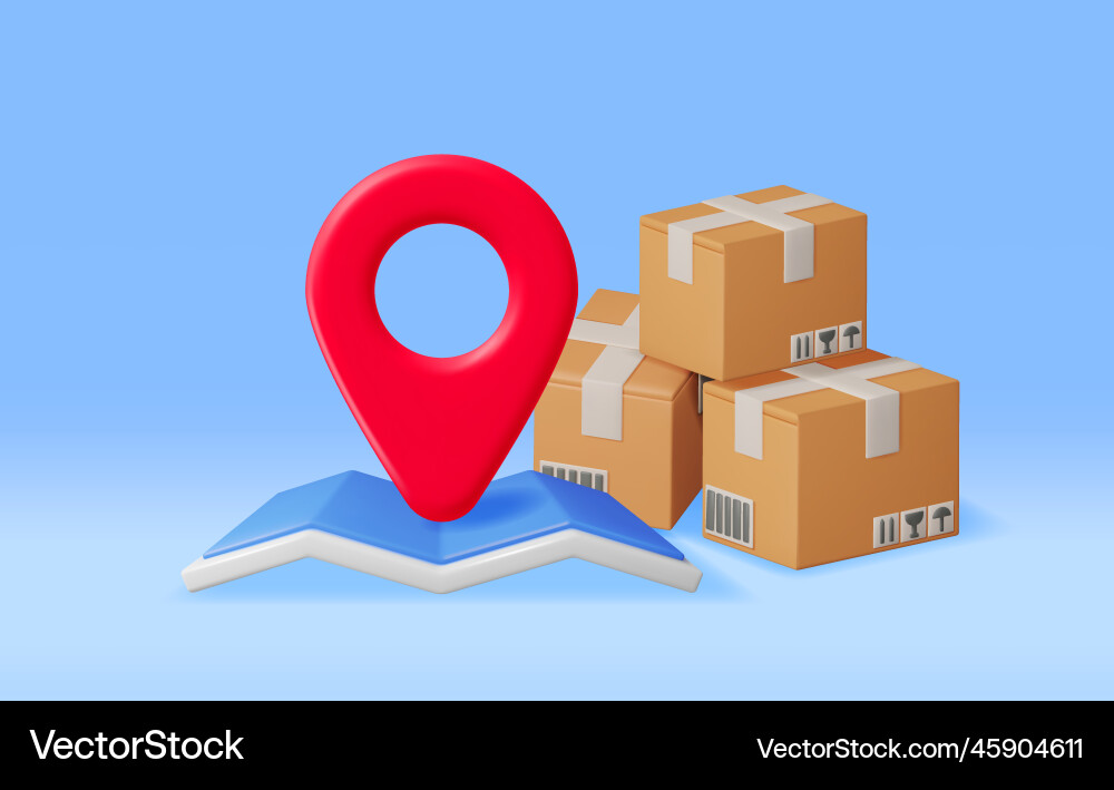 3d carton packaging box with map and location pin Vector Image