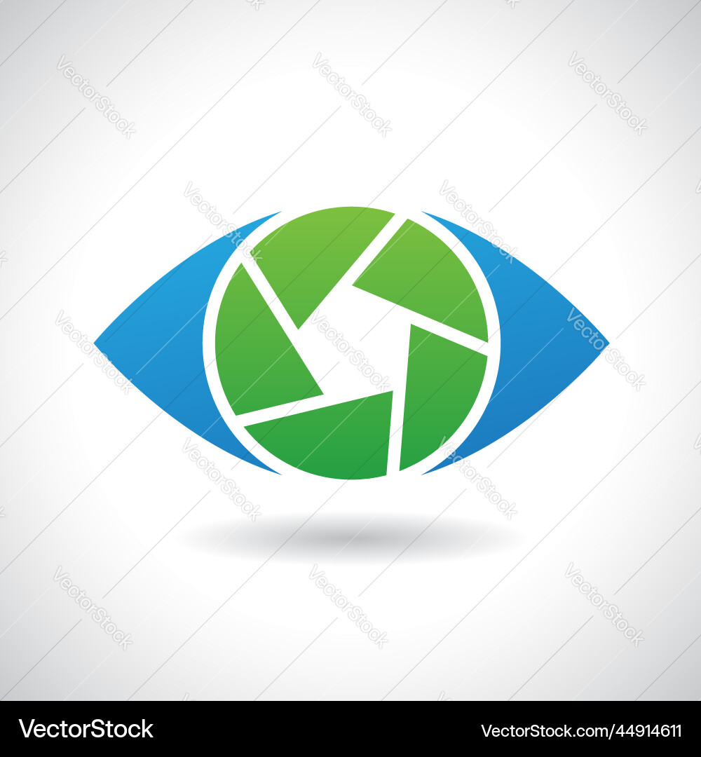Blue and green shutter eye logo icon with a shadow