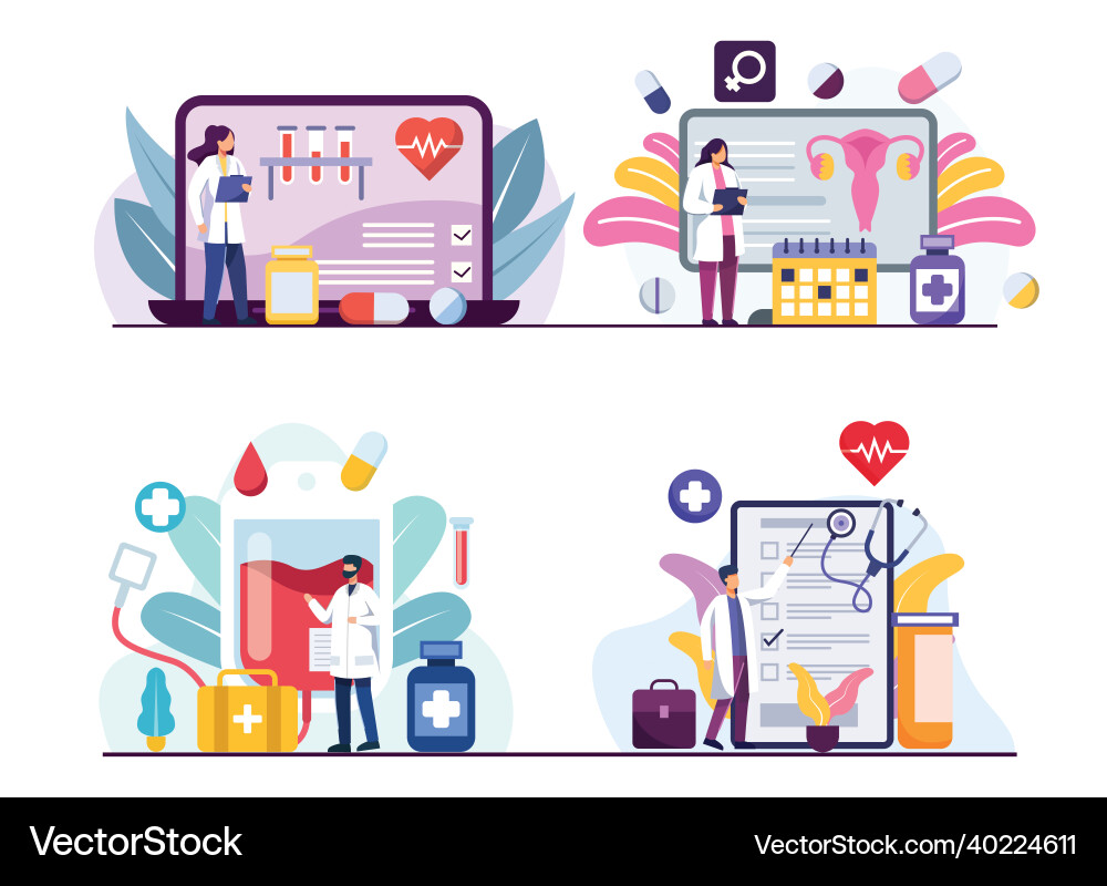 Bundle with medical people working online cartoon Vector Image
