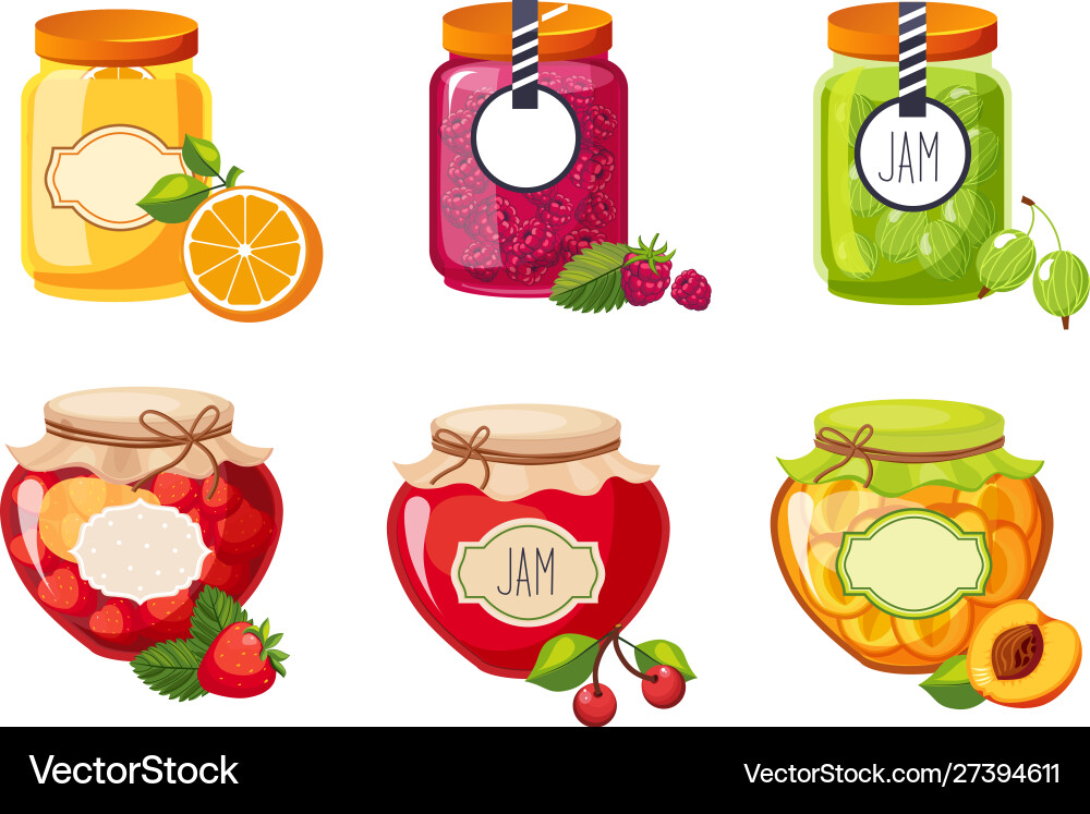 Fruit and berries jam jar glasses set strawberry Vector Image