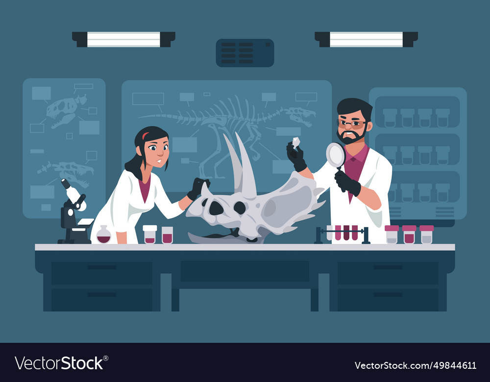 Scientists With Fossil In Lab Archeology Vector Image