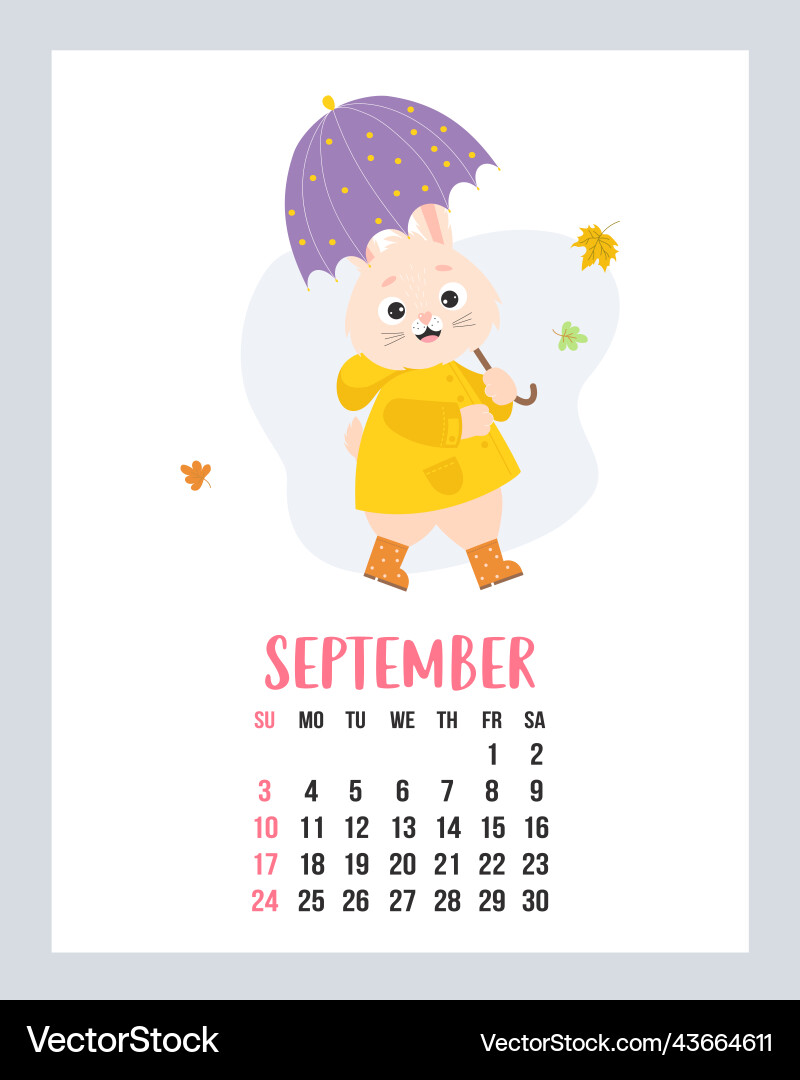 September 2023 vertical calendar cute bunny Vector Image