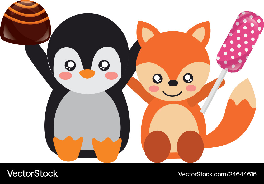 Cute fox and penguin sweet candy chocolate Vector Image