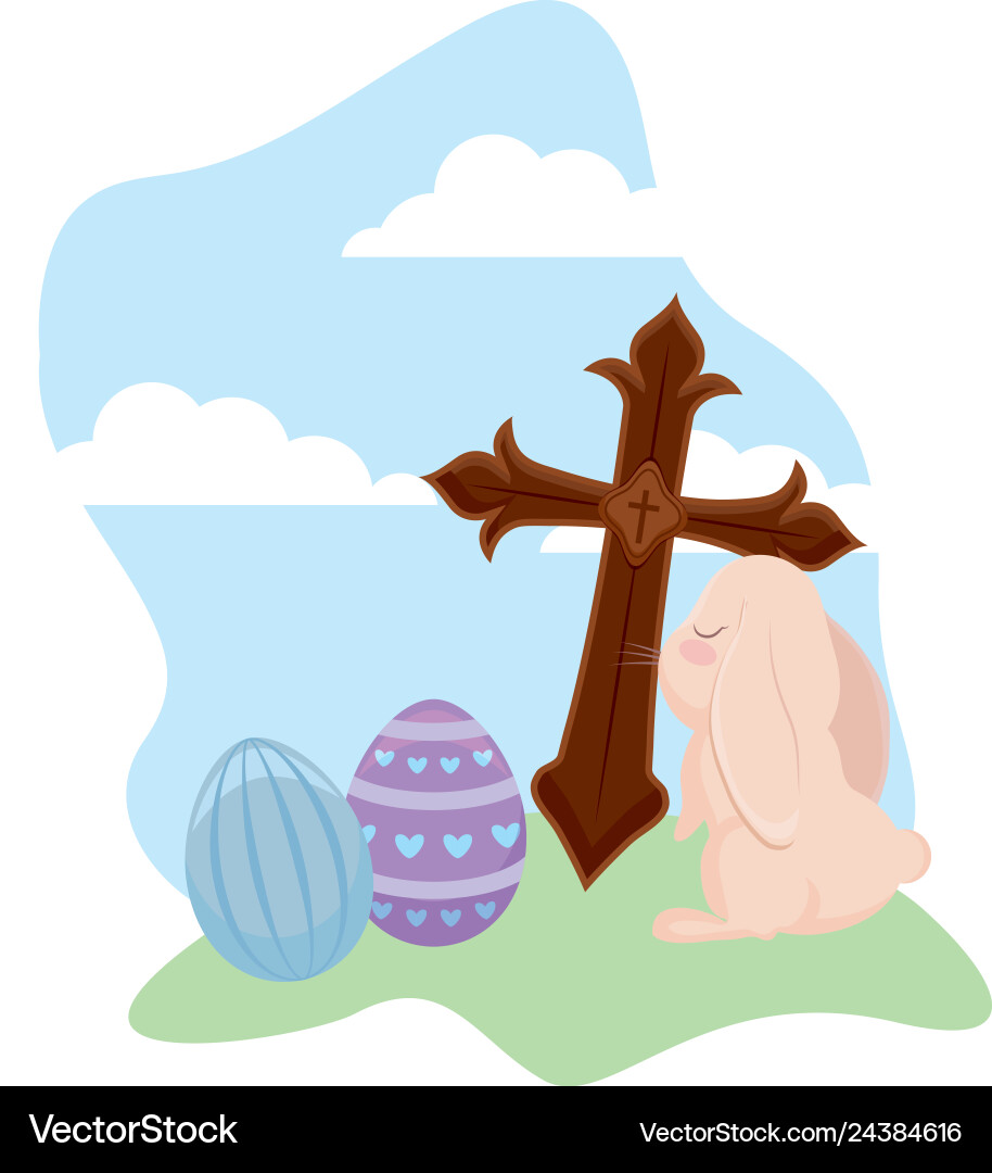 Cute rabbit with eggs of easter and cross catholic