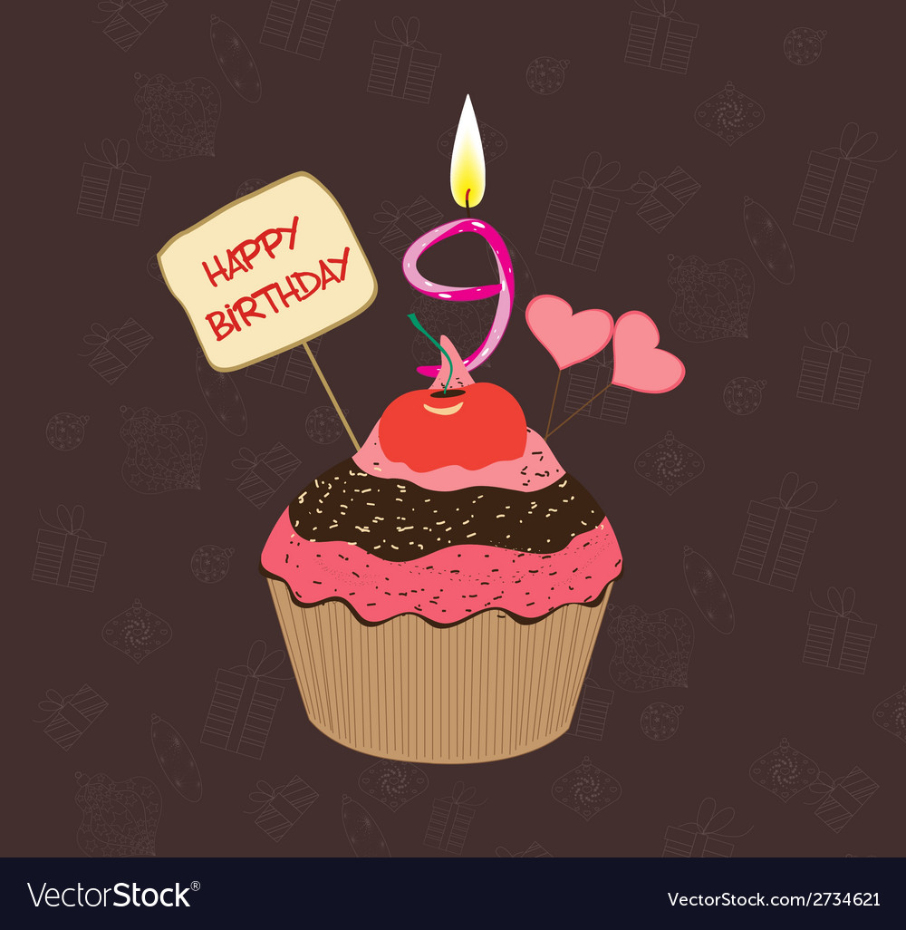 Birthday cupcake with lit candle in shape Vector Image