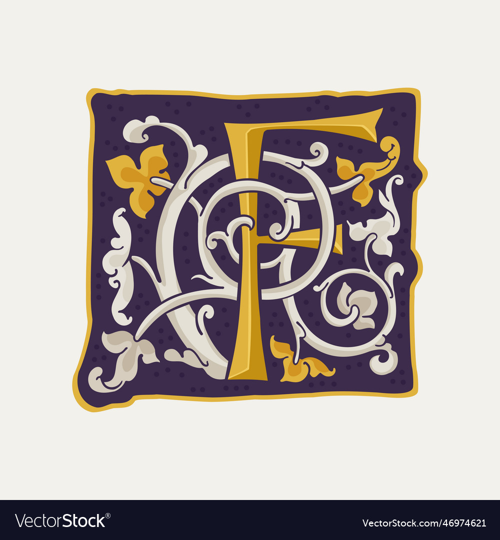 F letter drop cap logo square medieval initial Vector Image