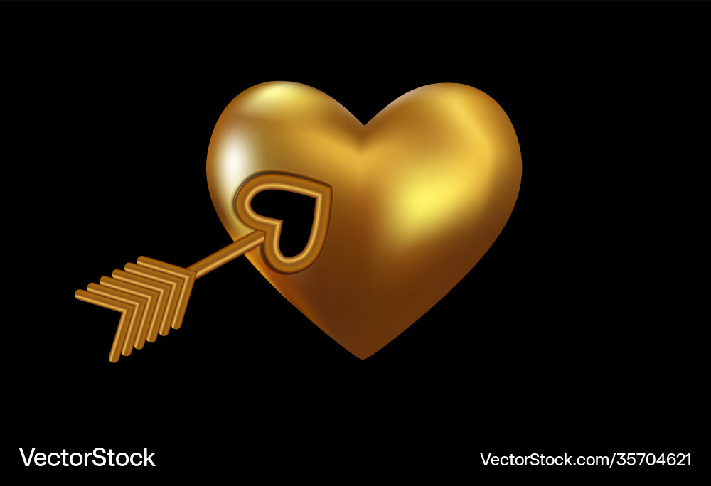 Heart with cupid s golden arrow realistic 3d Vector Image