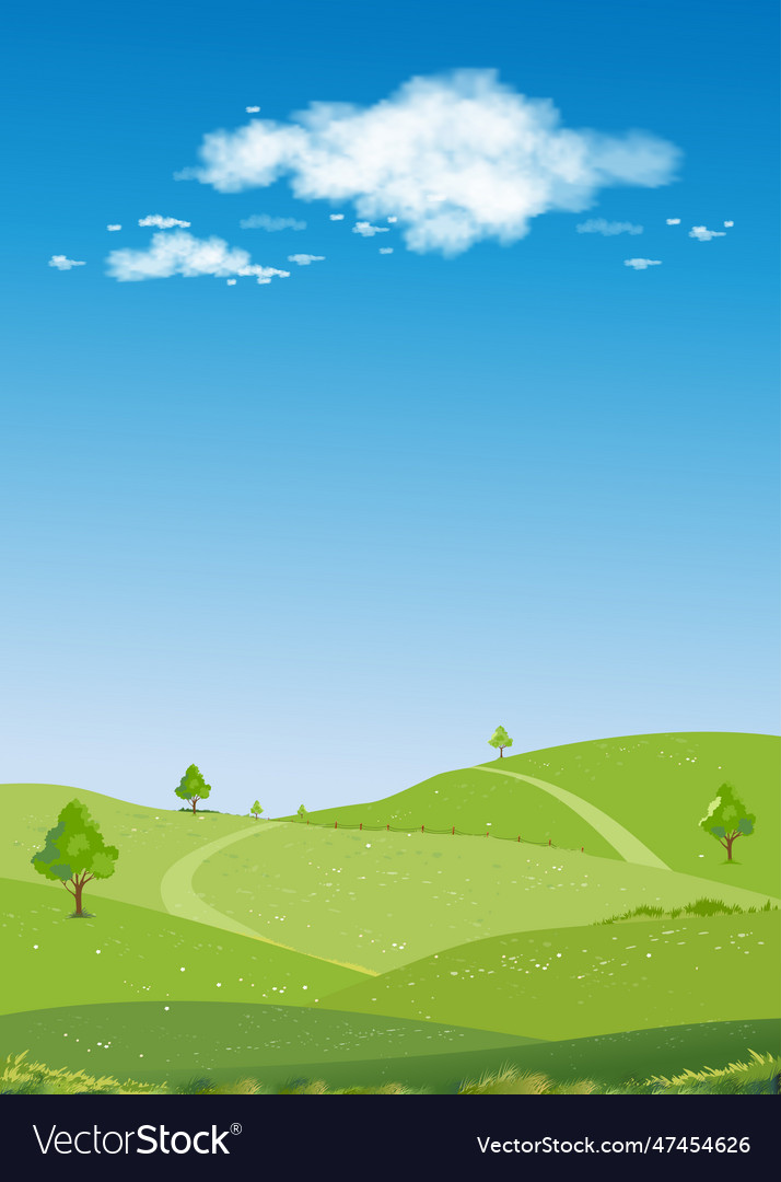 Spring landscape green fieldsmountainblue sky Vector Image