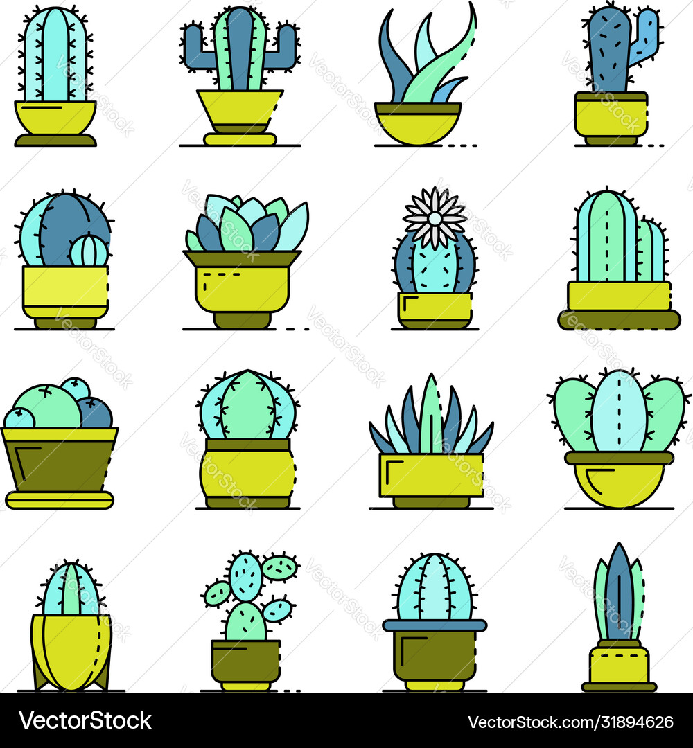 Succulent icons set line color Royalty Free Vector Image