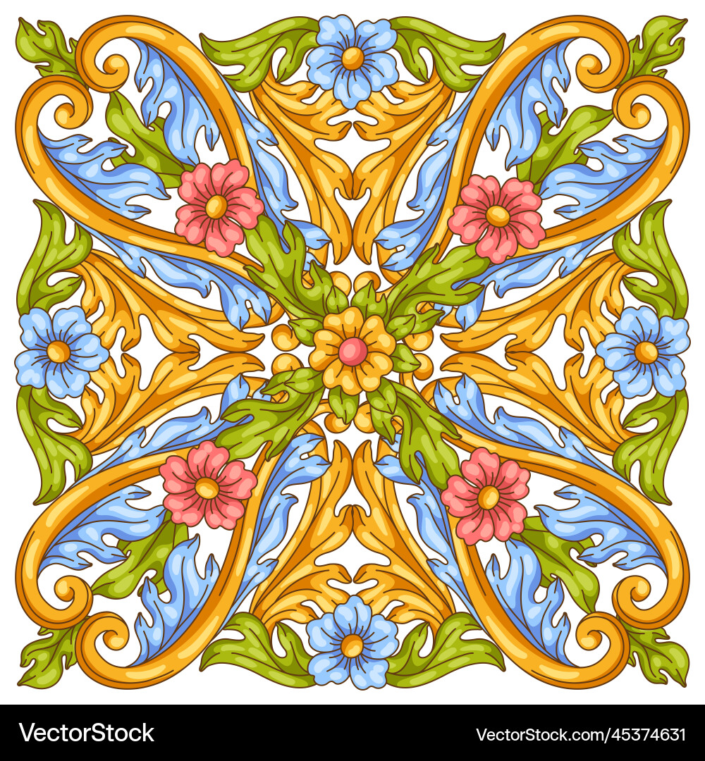 Decorative floral ceramic tile in baroque style Vector Image