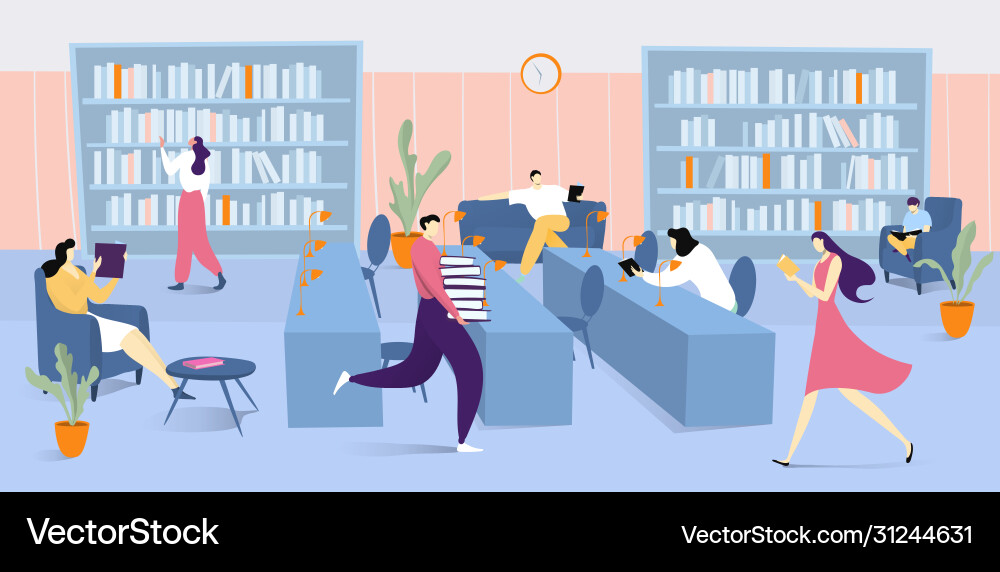 Library interior with books and people read Vector Image