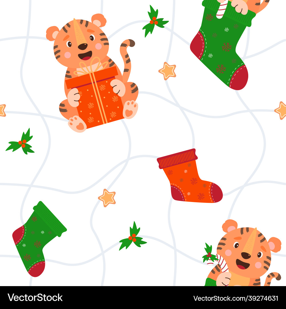 Seamless pattern with tiger and new years decor Vector Image