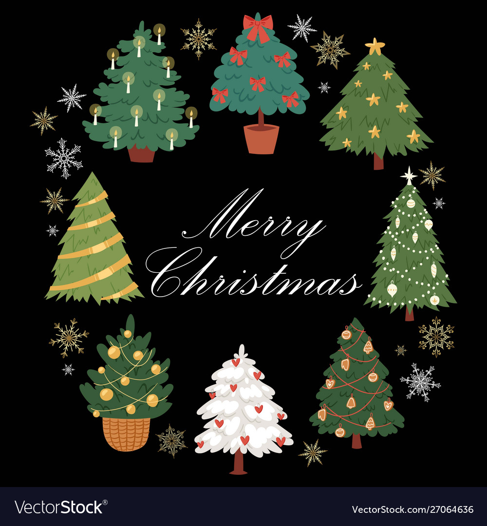 Christmas trees with colorful baubles balls Vector Image