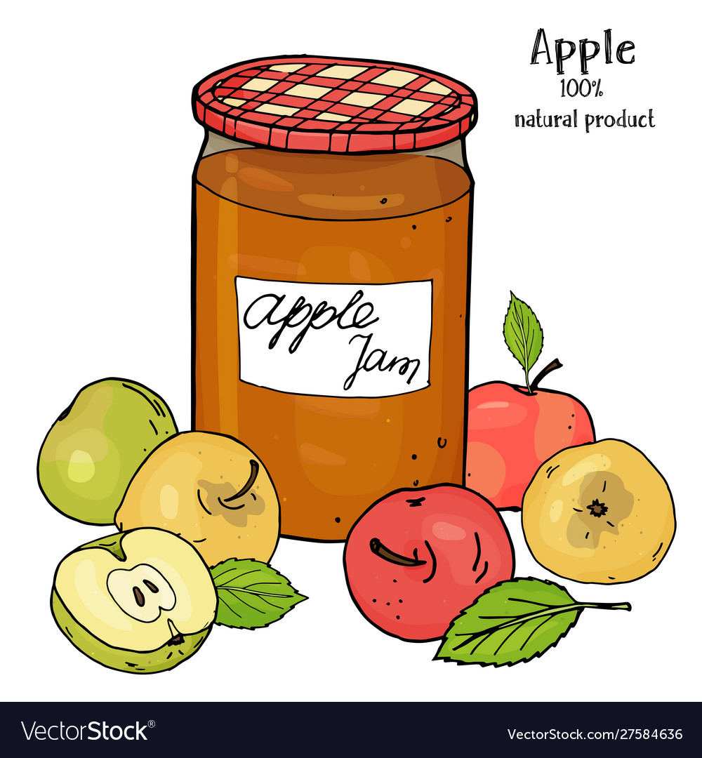 Jar apple jam and fresh ripe apples Royalty Free Vector