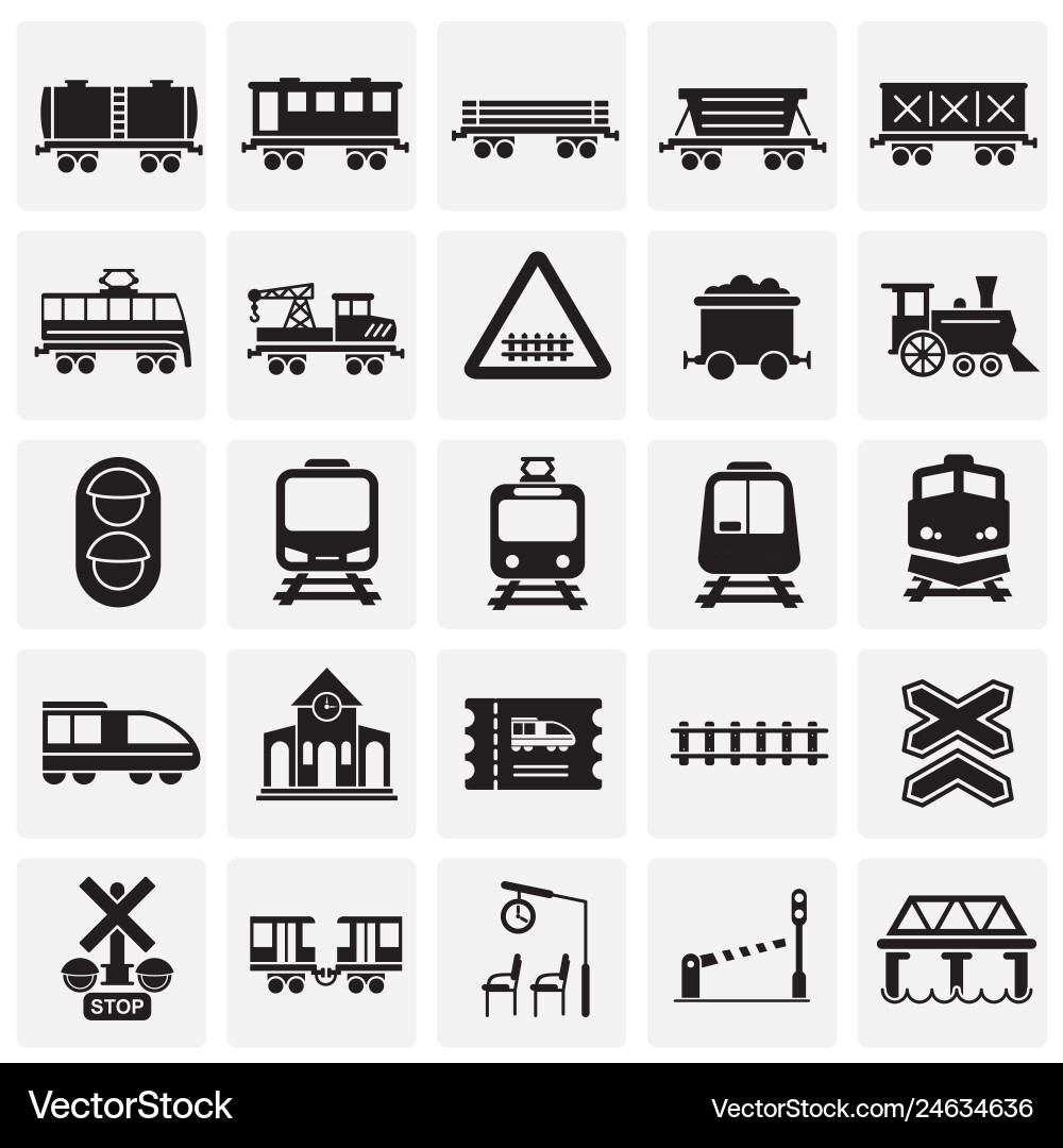 Railroad related icons set on squares background Vector Image