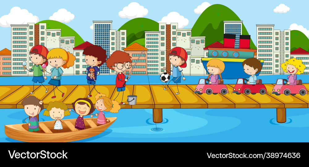 Scene with many dooddle kids cartoon character Vector Image