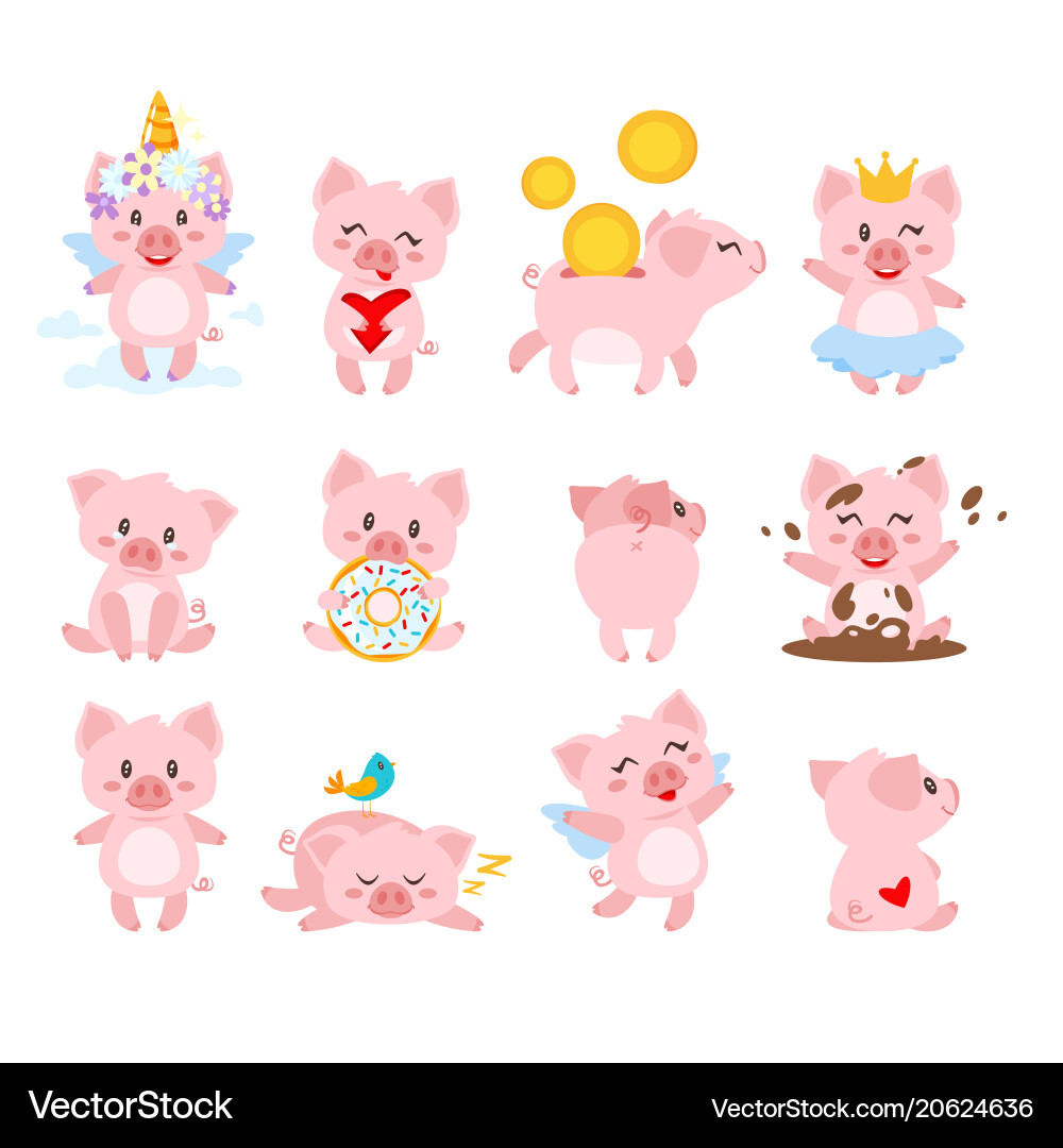 Set of cute pink pig Royalty Free Vector Image