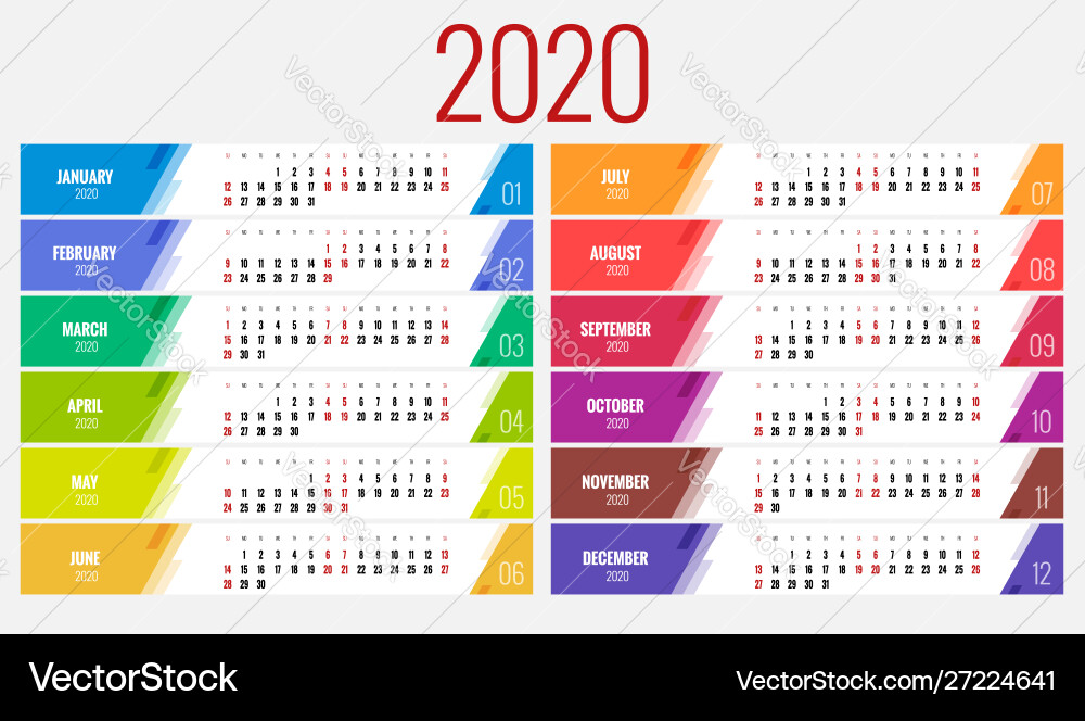 2020 year calendar holiday event planner week Vector Image