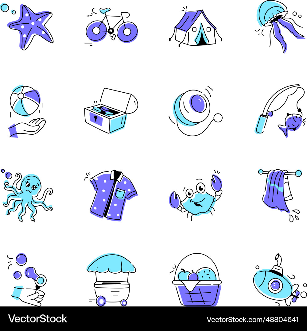 Bundle of hand drawn beach fun icons Royalty Free Vector
