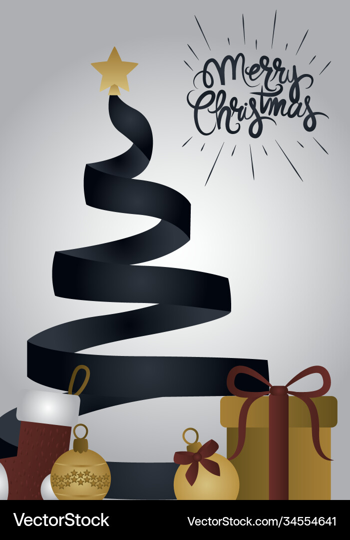 Merry christmas black tree shaped ribbon Vector Image