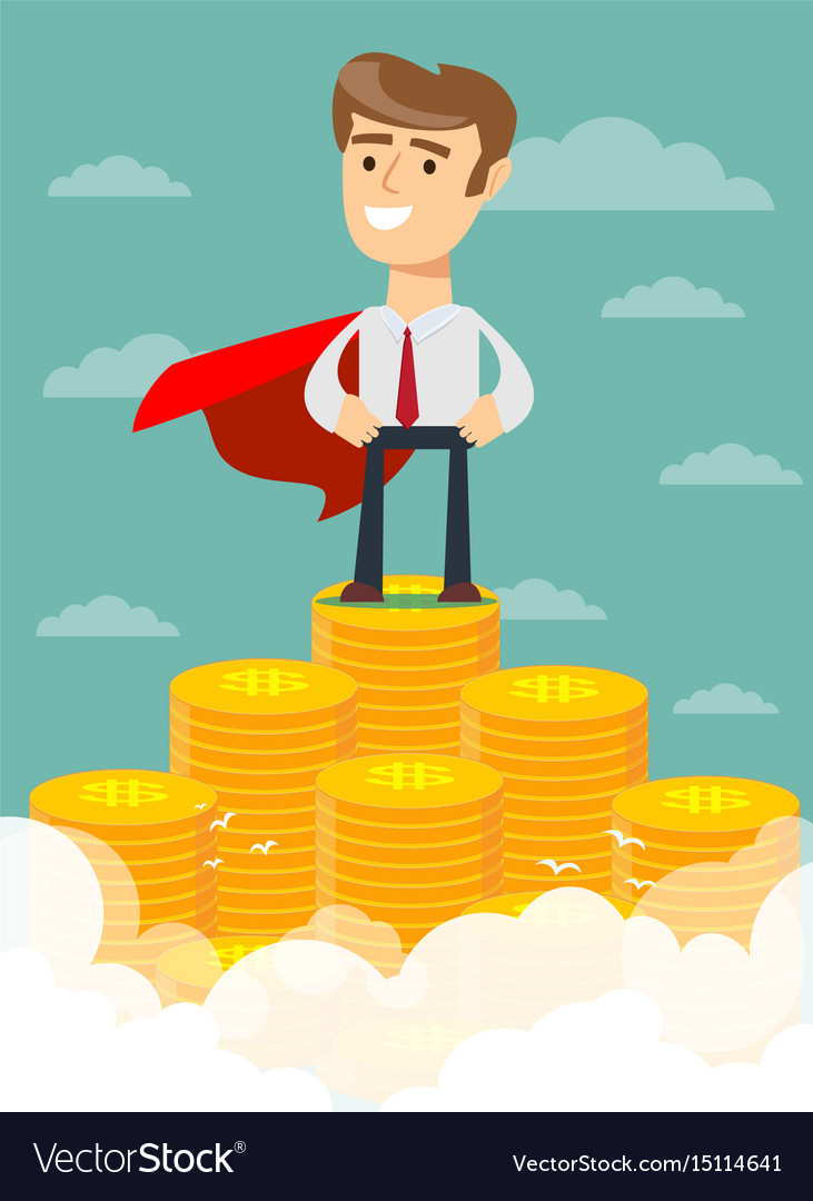 Superhero proudly standing on the huge money Vector Image