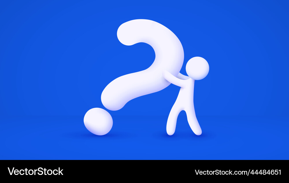 3d white cartoon man holding big question mark Vector Image