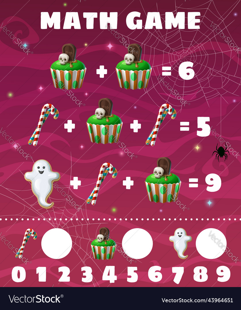 Cartoon halloween sweets on math game worksheet Vector Image
