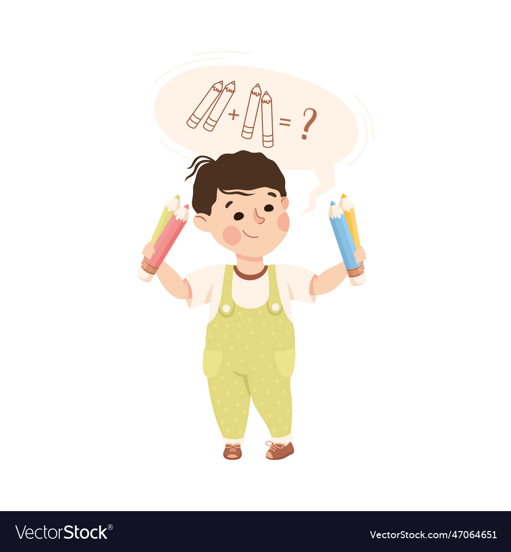 Cute boy solving math examples using pencils Vector Image
