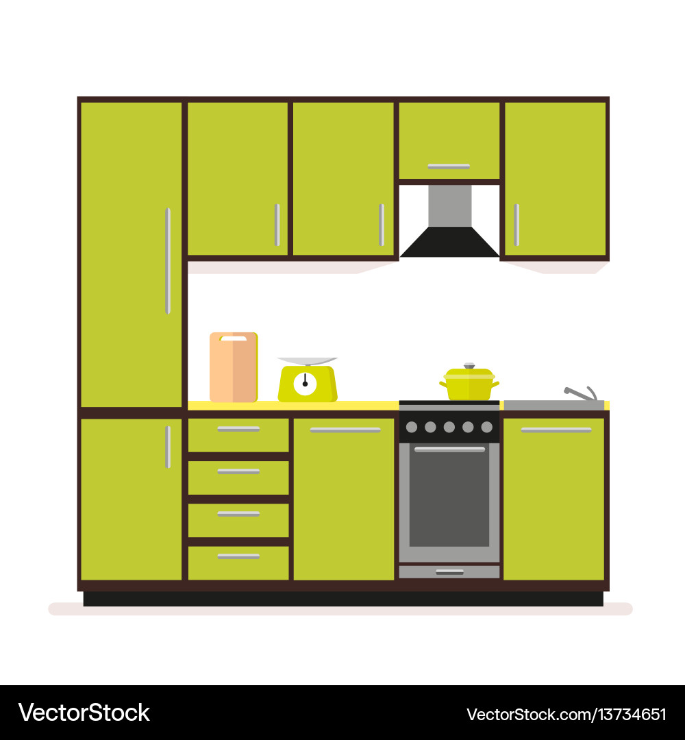 Kitchen set modern furniture in a flat Royalty Free Vector