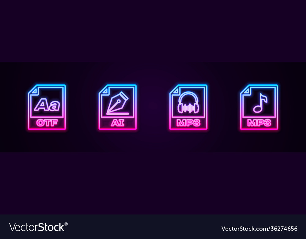 Set line otf file document ai mp3 and glowing Vector Image Set line otf file document ai mp3 and glowing Vector Image