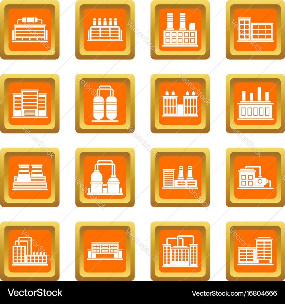 Industrial building icons set orange Royalty Free Vector